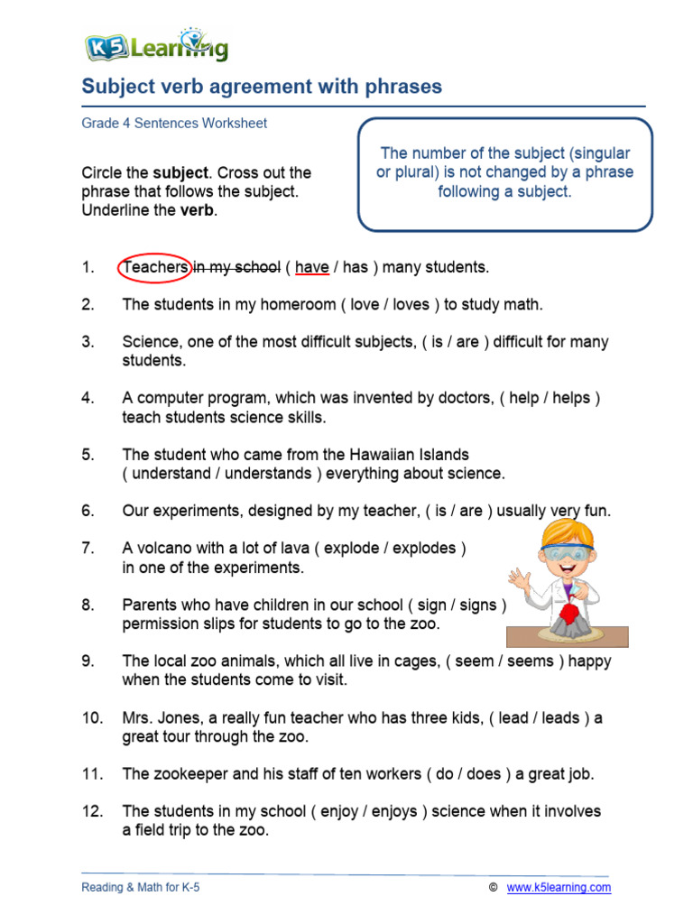 Subject-Verb Agreement Worksheet for Grade 4 | PDF | Subject (Grammar ...
