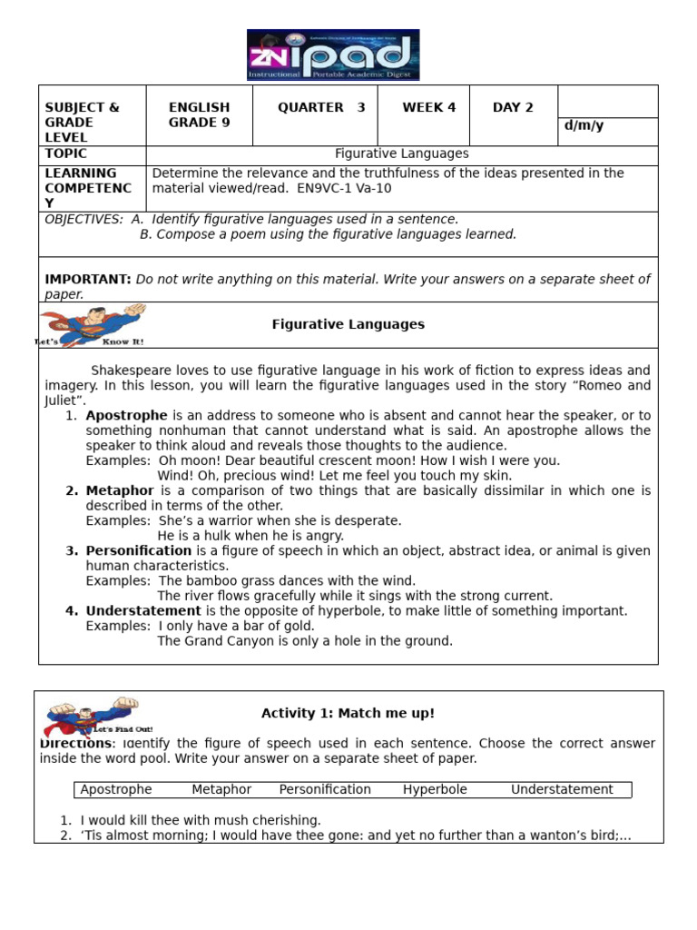 Ipad English Quarter 3 Week 4 Day 2 | PDF | Poetry