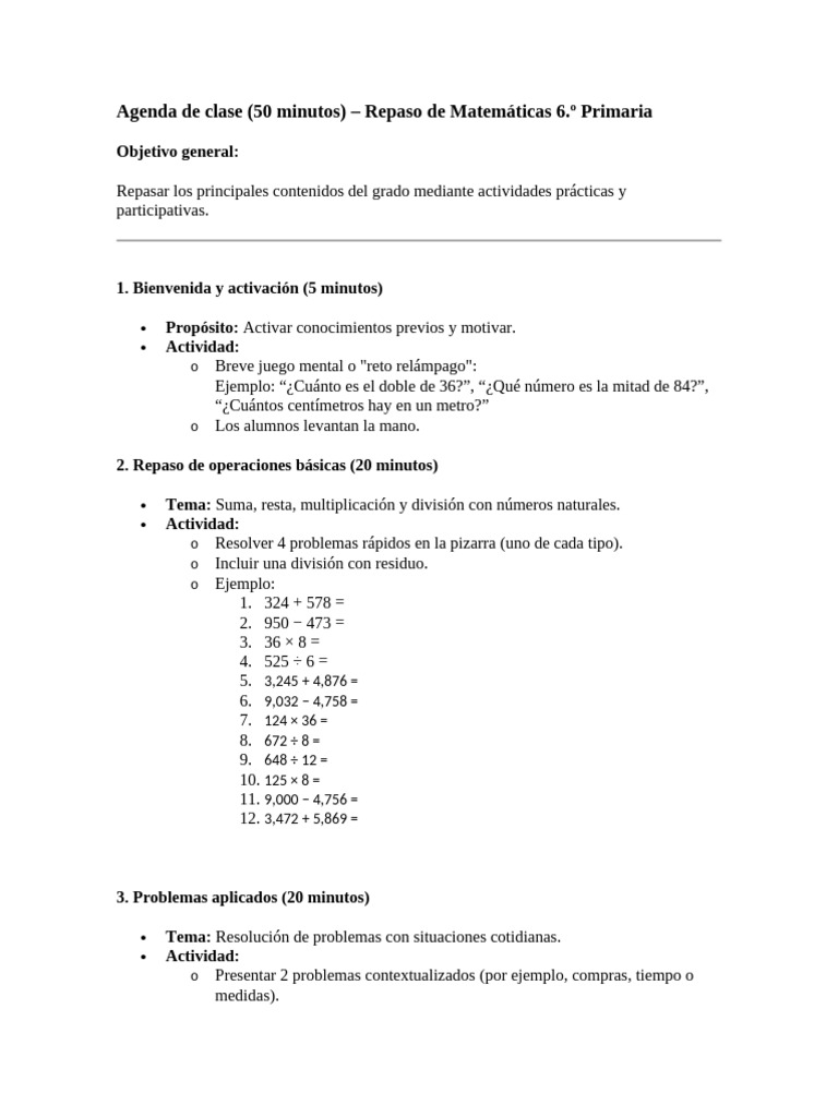Agenda de Clase Matemáticas | PDF