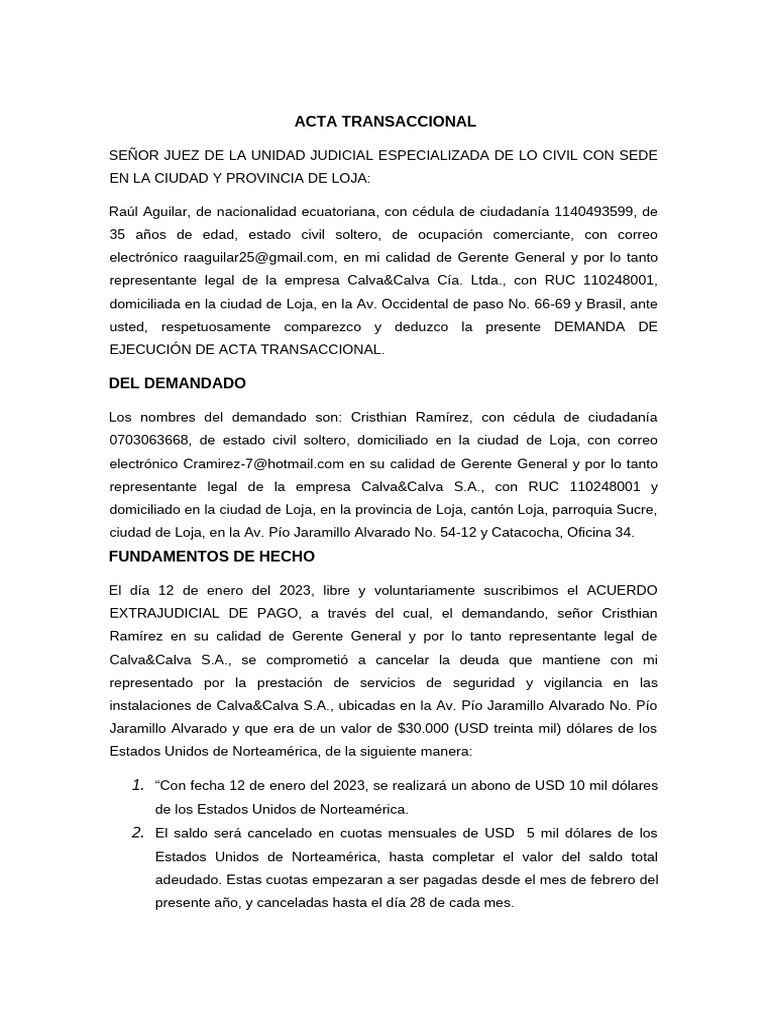 Acta Transaccional | PDF | Mandato