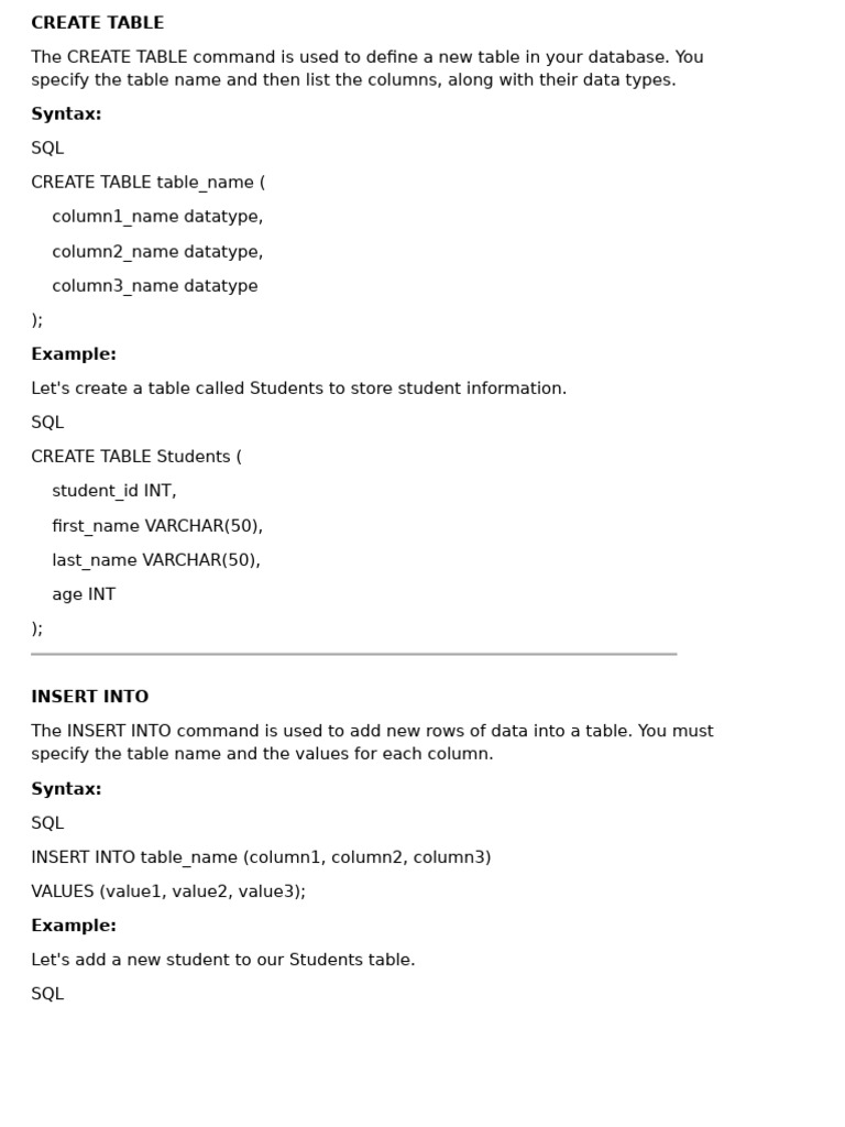 Database Creation Commands | PDF | Table (Database) | Sql