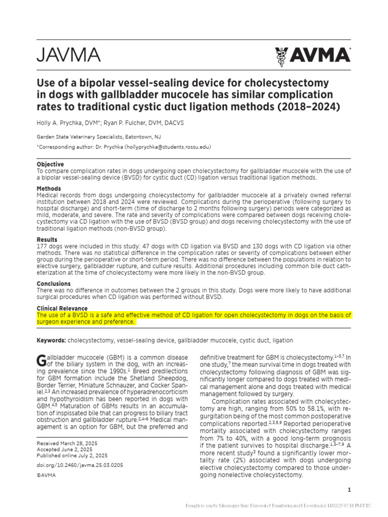 Use of A Bipolar Vessel-Sealing Device For Cholecystectomy in Dogs With ...