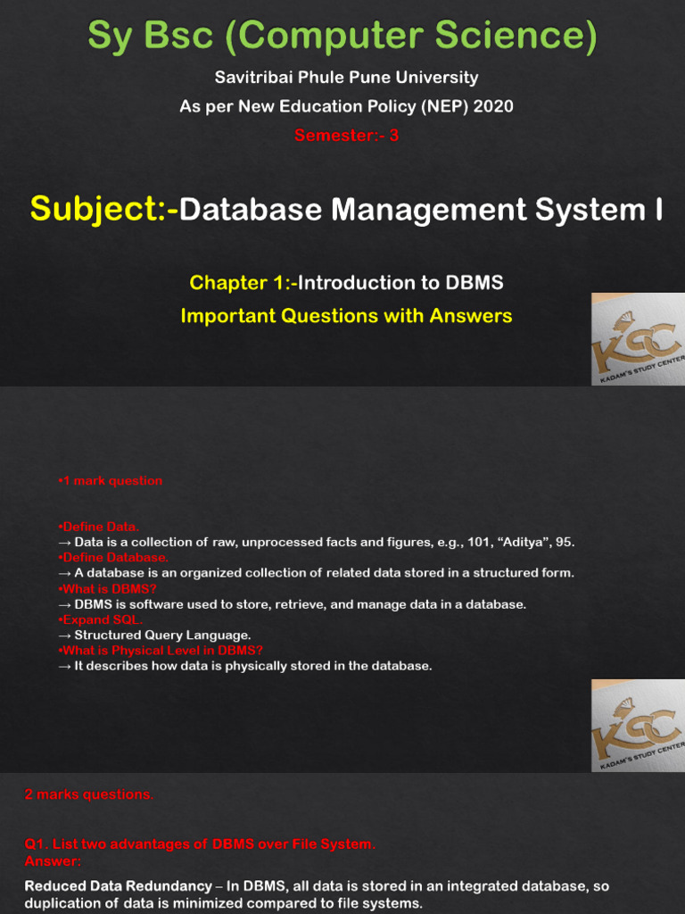 Introduction To DBMS Important Questions With Answers | PDF | Databases ...