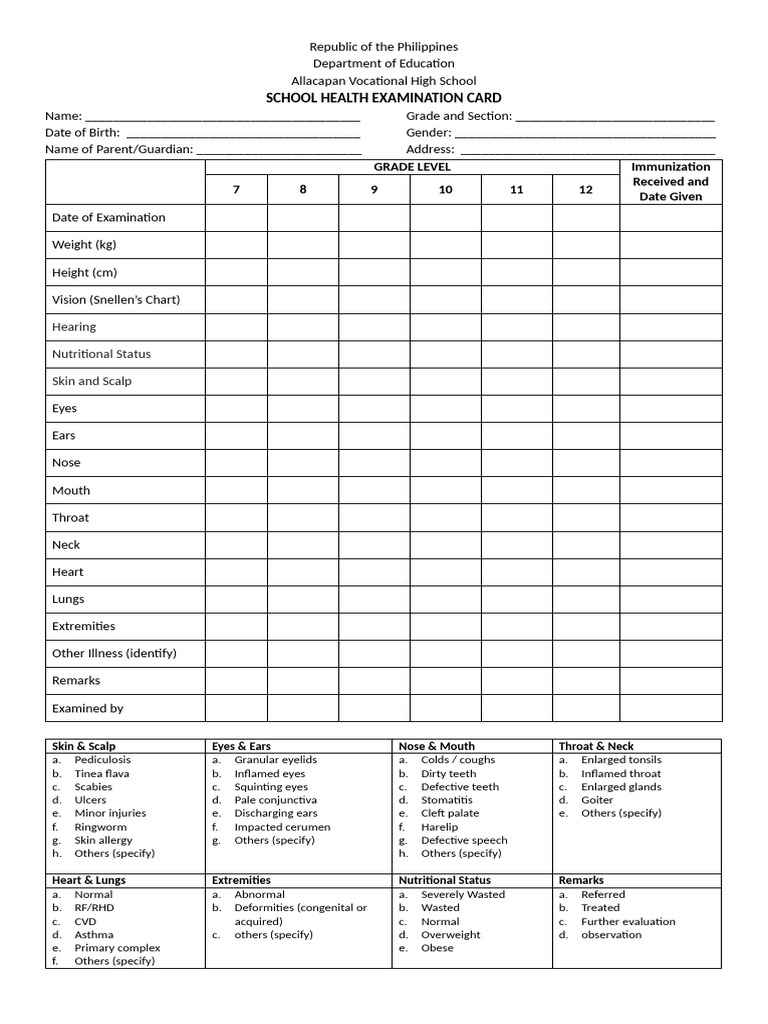 Avhs 2025 School Health Examination Card Doc Ver | PDF | Medical ...