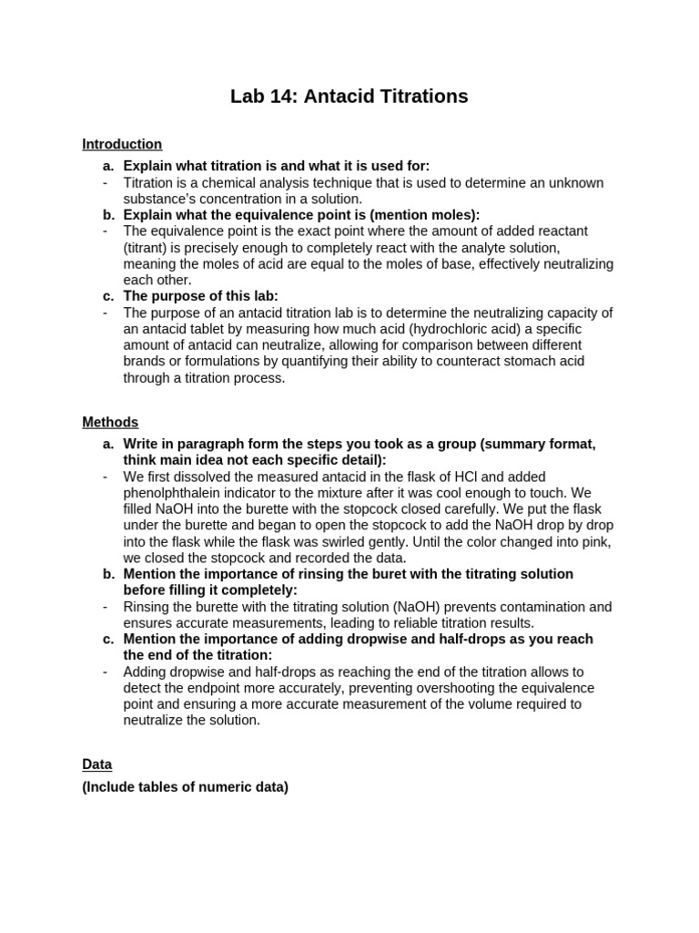 Lab 14_ Antacid Titrations | PDF | Titration | Chemistry