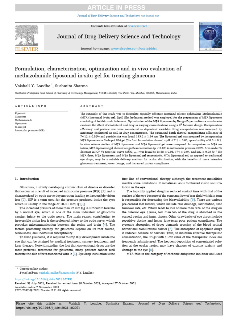Liposomal In-Situ Gel for Glaucoma Treatment | PDF | Liposome | Lipid ...
