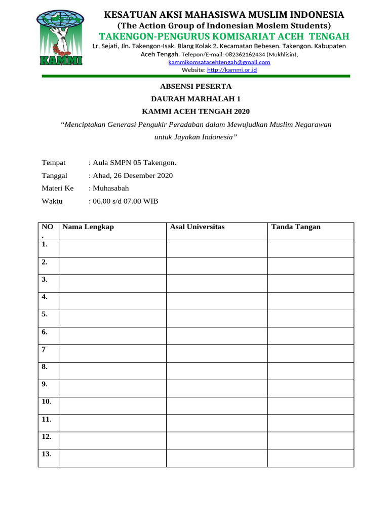 Daurah Marhalah 1 KAMMI Aceh Tengah | PDF