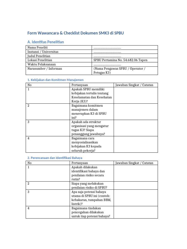 Checklist SMK3 untuk SPBU Pertamina | PDF