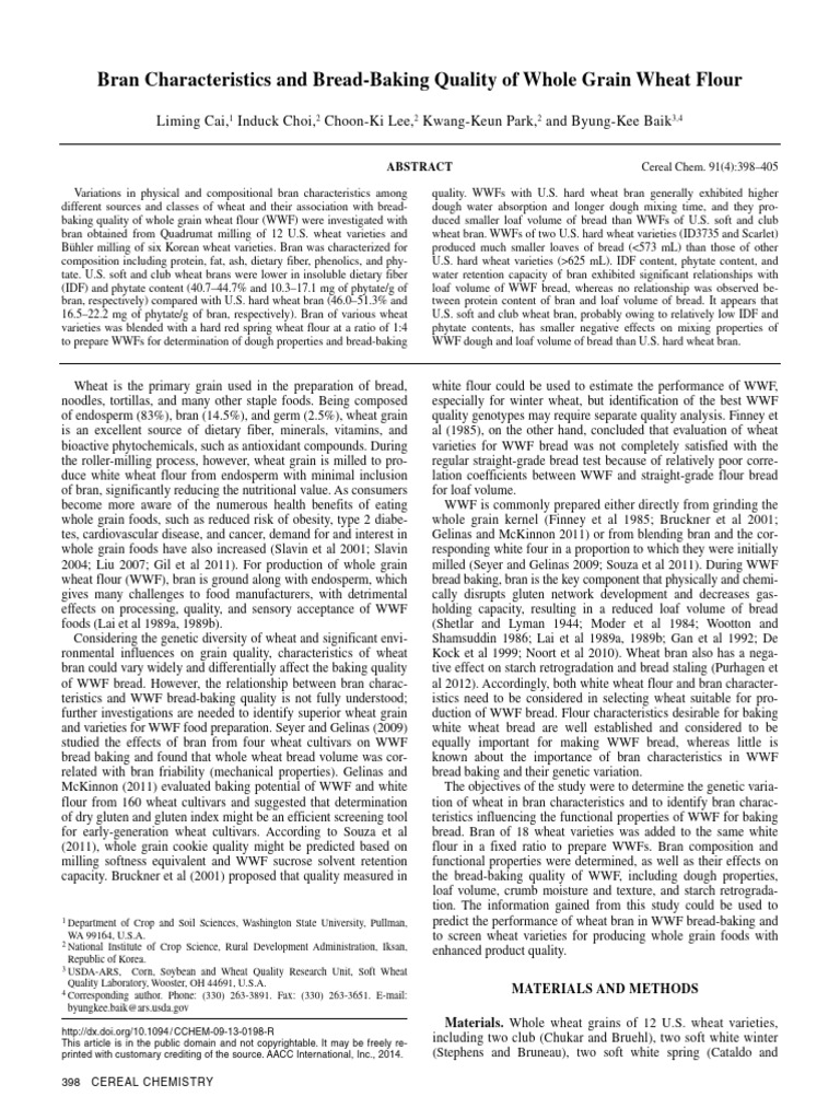 Bran characteristics and bread-baking - Cereal chem | PDF | Whole Grain | Breads