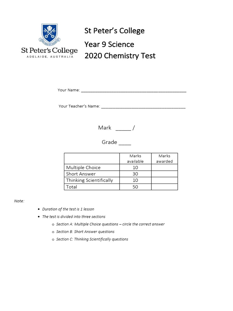 Year 9 Chemistry Test Paper | PDF | Atoms | Proton