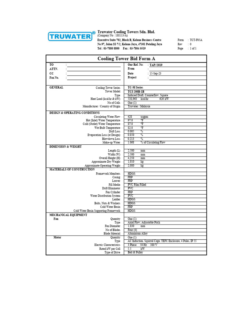 Truwater Cooling Tower Specifications | PDF | Mechanical Engineering