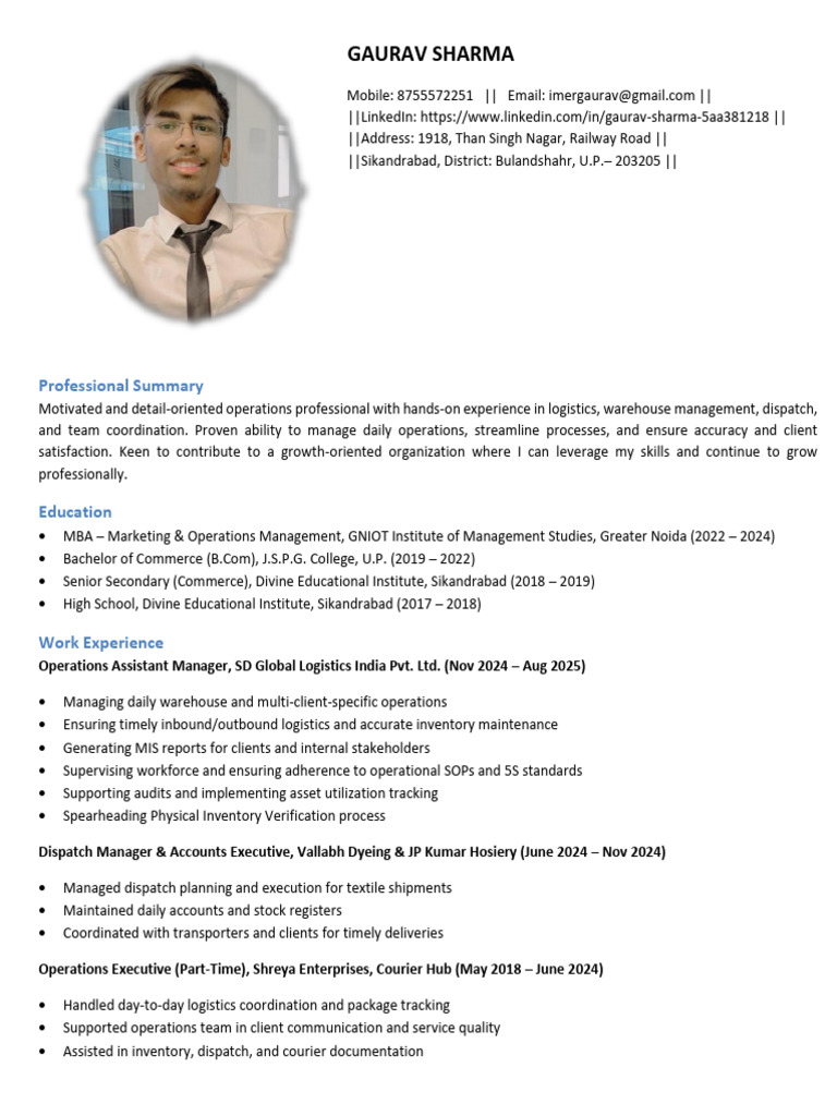 Gaurav_Sharma_Resume-1 | PDF | Logistics | Operations Management