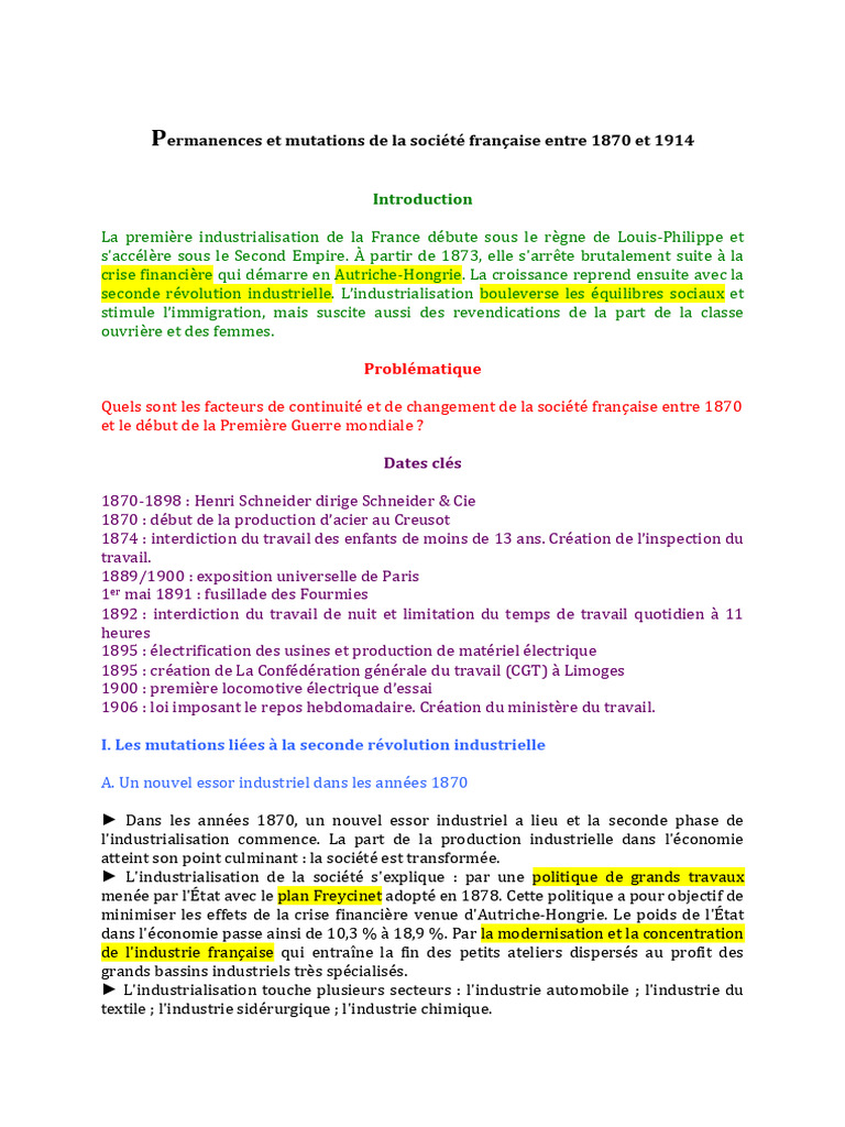 Évolution de la société française (1870-1914) | PDF | Industrialisation ...