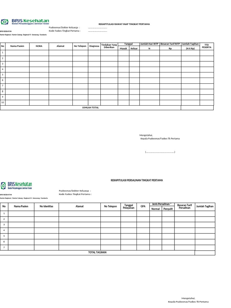 Form Rekap Tagihan RITP Persalinan Dan PG | PDF