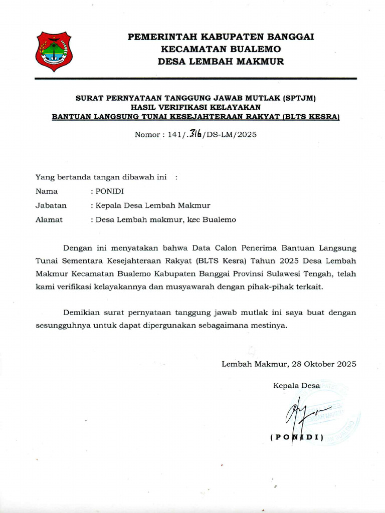 BLTS Desa Lembah Makmur | PDF