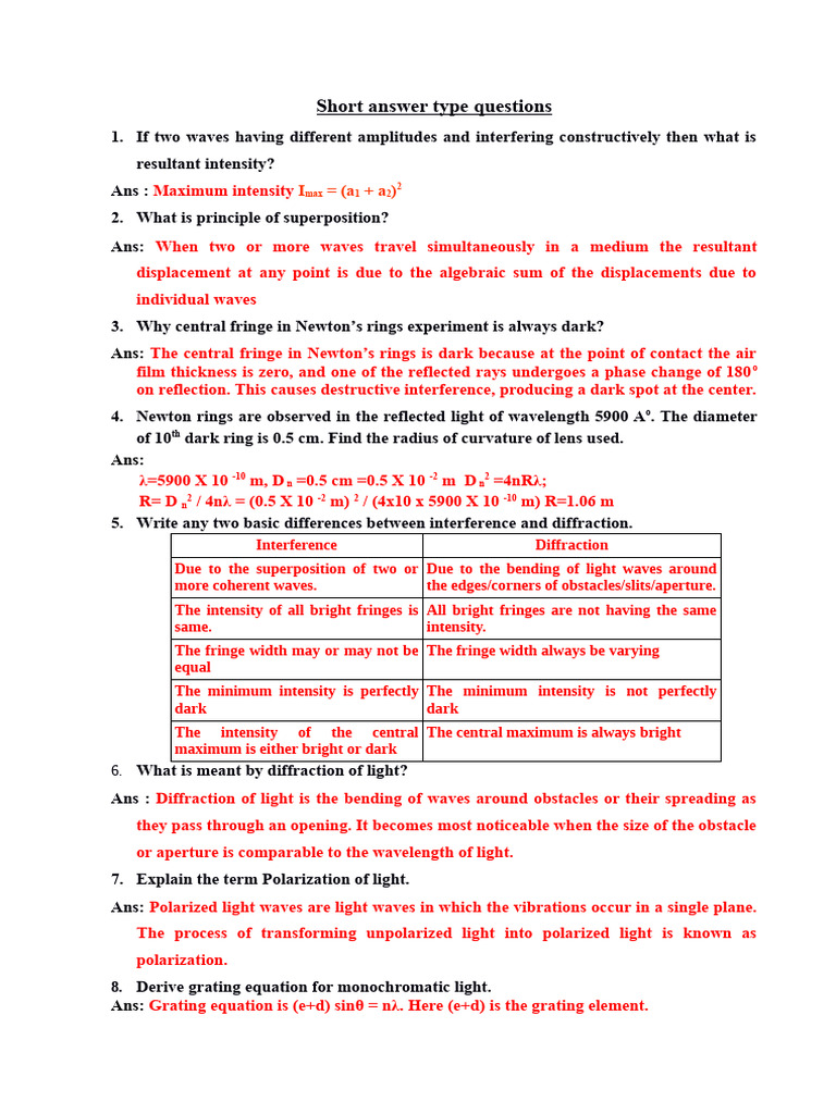 Short Ans Numericals-Mid1 | PDF | Crystal Structure | Diffraction