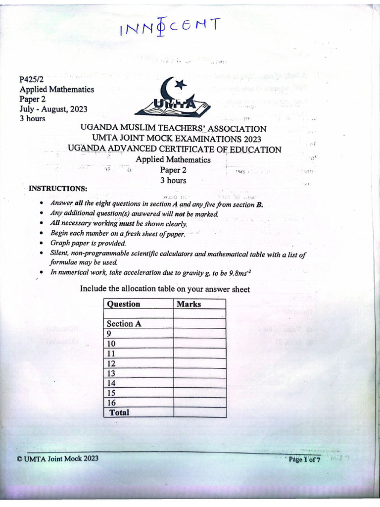 Uace Umta Mathematics Paper 2 2023 | PDF