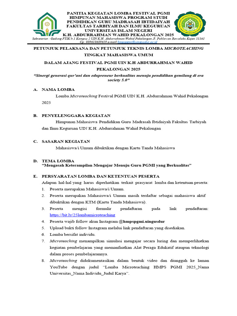 Juklak Juknis Lomba Microteaching Mahasiswa Festivalpgmi 2025 Fixx | PDF