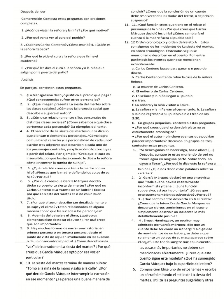 Preguntas de La Siesta Del Martes | PDF