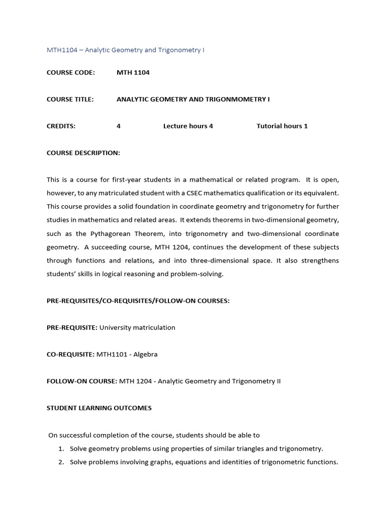 MTH1104 Outline | PDF | Trigonometric Functions | Trigonometry