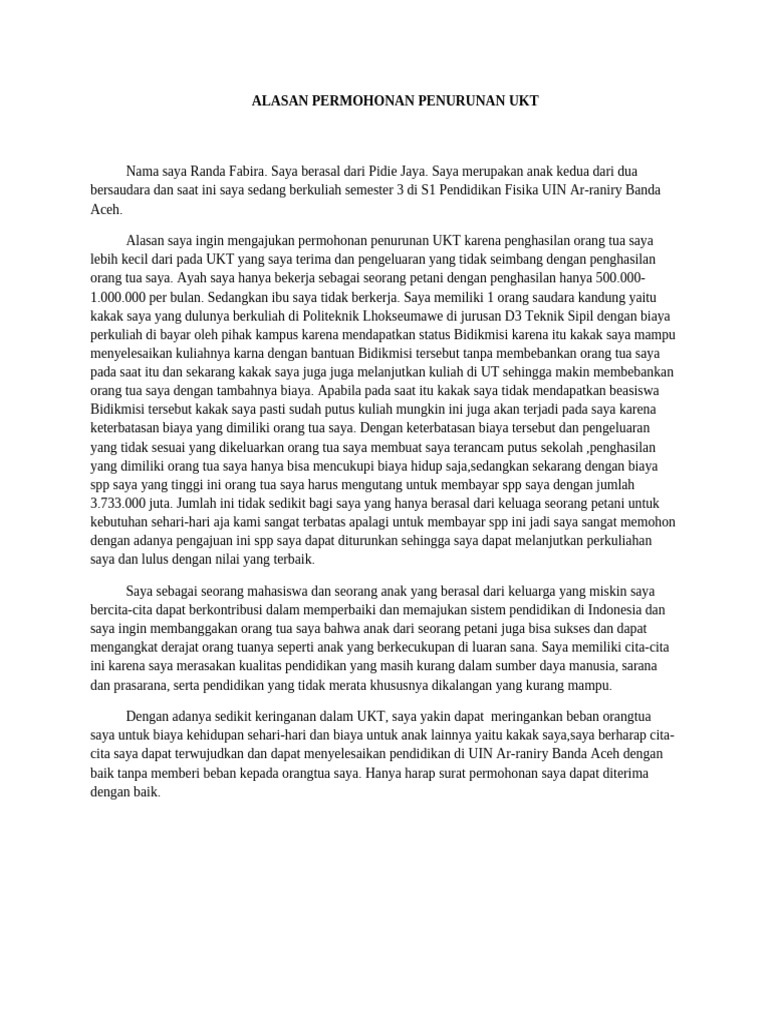 Alasan Permohonan Penurunan Ukt Randa | PDF