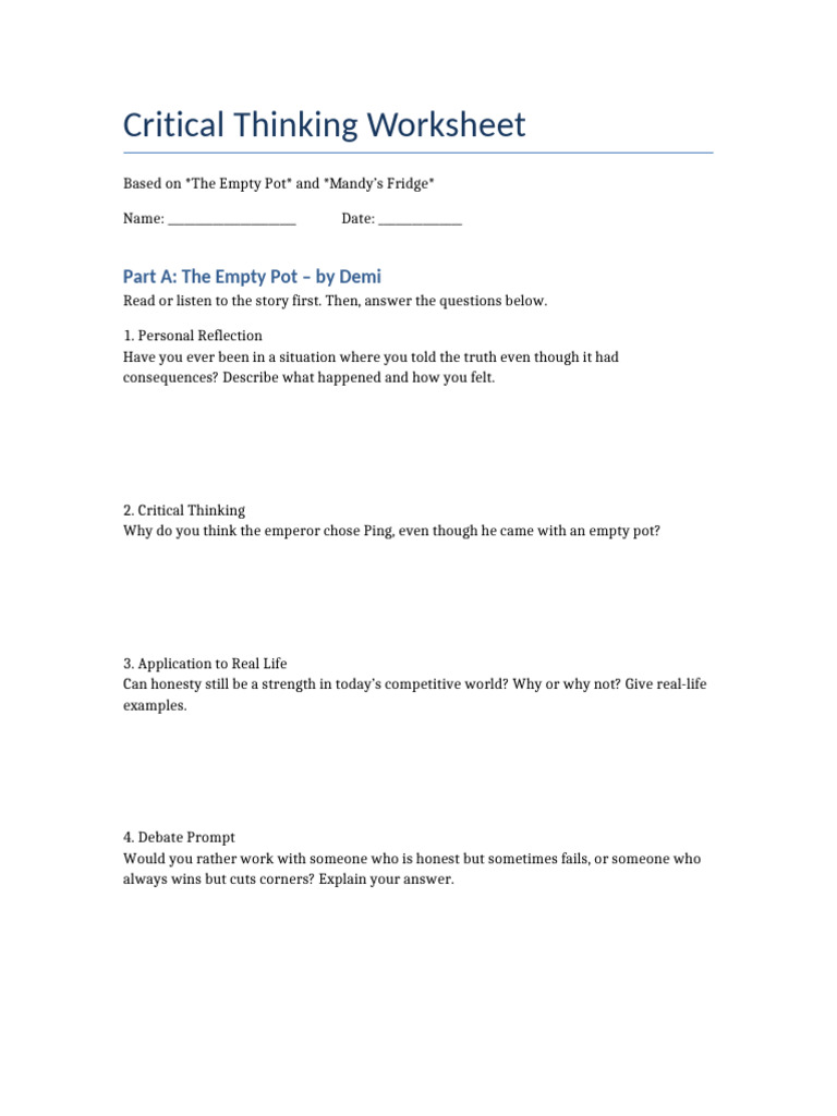 Critical Thinking Worksheet TheEmptyPot MandysFridge | PDF