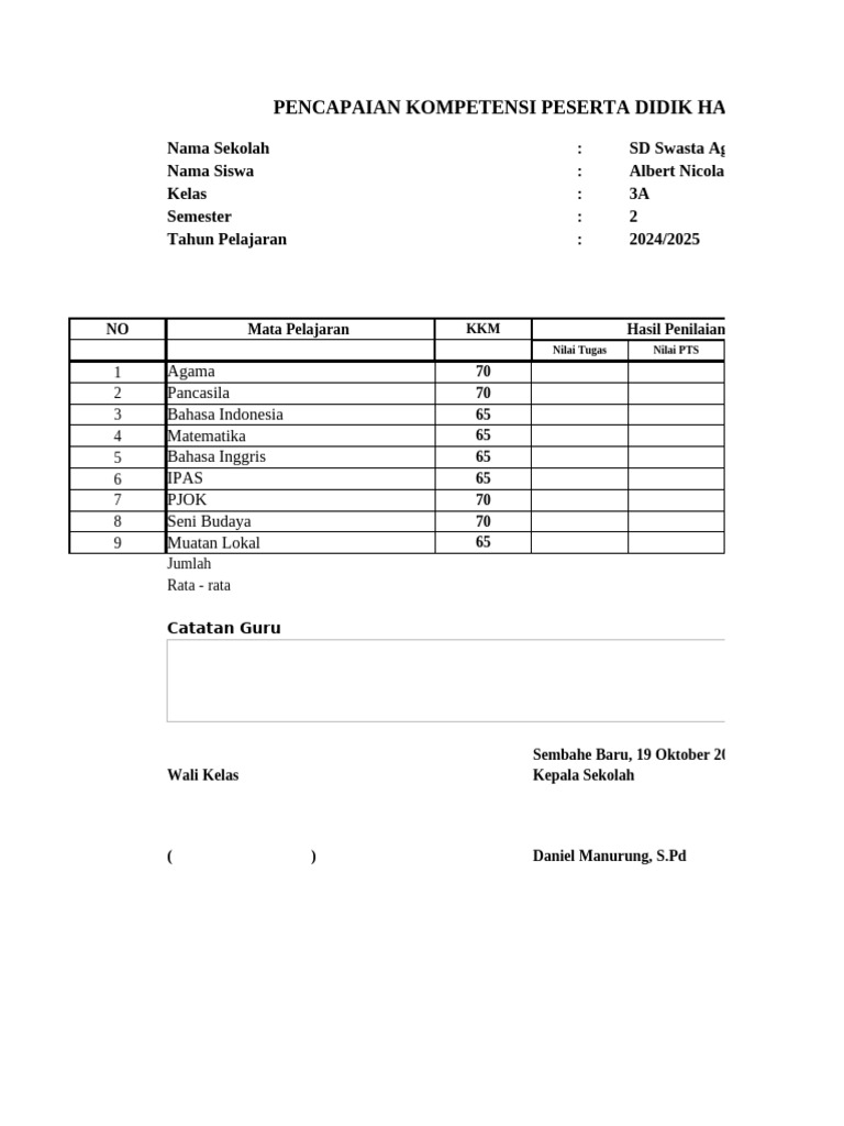 Raport Pts Kelas 3a Semst 2 Baru | PDF