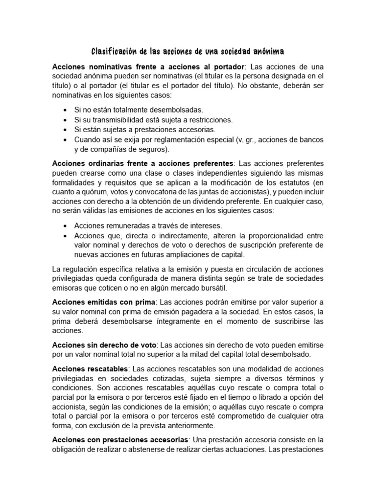 Tipos de acciones en sociedades anónimas | PDF | Compartir (Finanzas ...