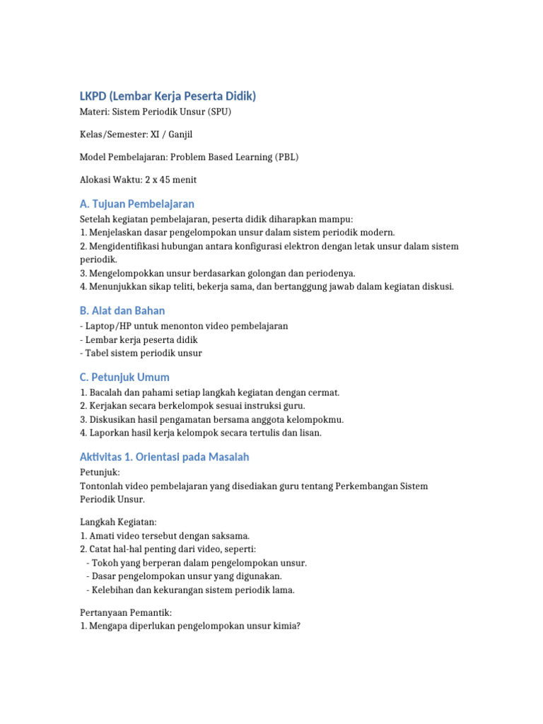 LKPD Sistem Periodik Unsur PBL | PDF