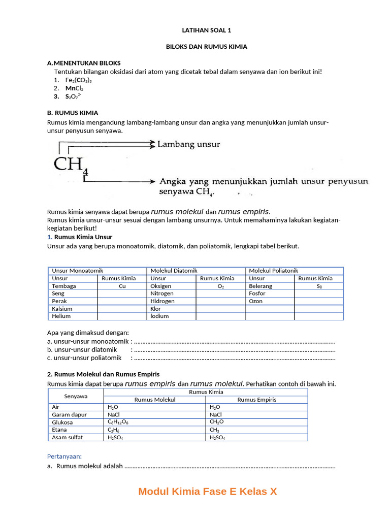 LATIHAN SOAL 1 BILOKS DAN RUMUS KIMIA | PDF