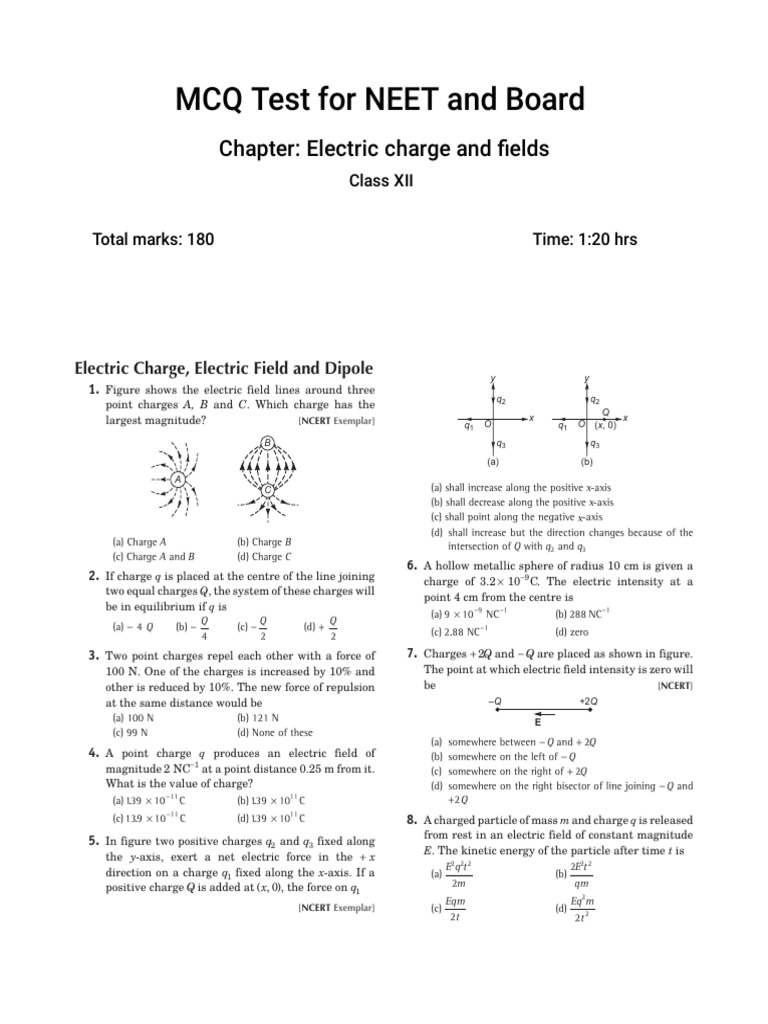 MCQ Test Chapter 1 Class 12 | PDF | Electric Field | Force