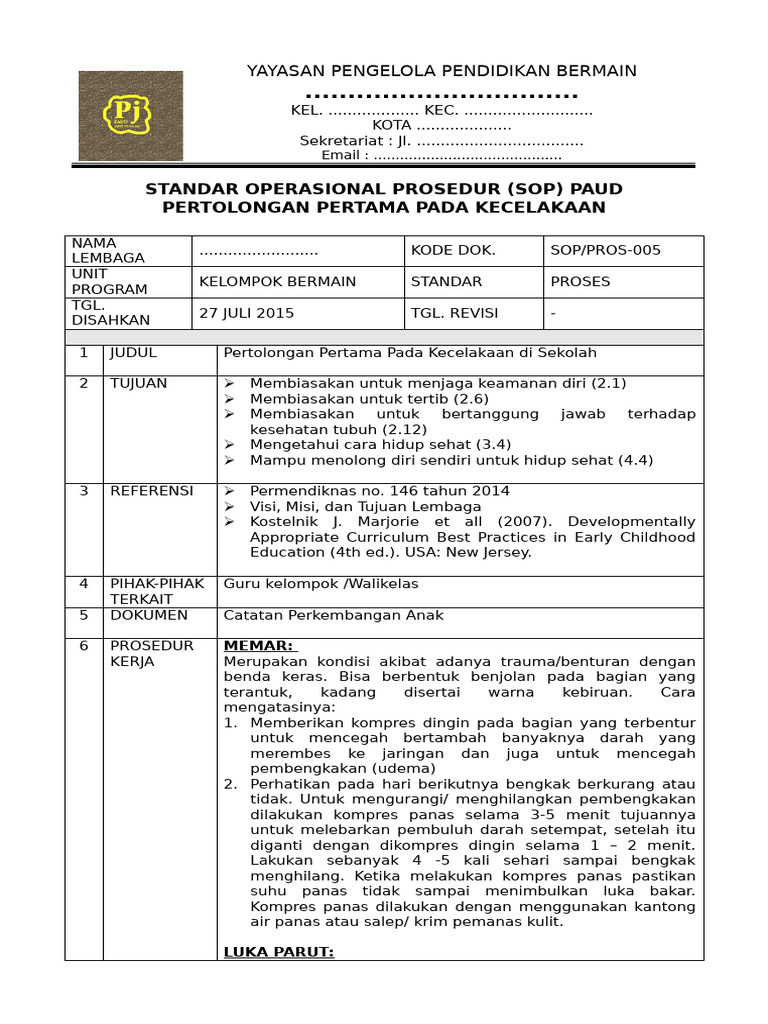 SOP Pertolongan Pertama PAUD | PDF