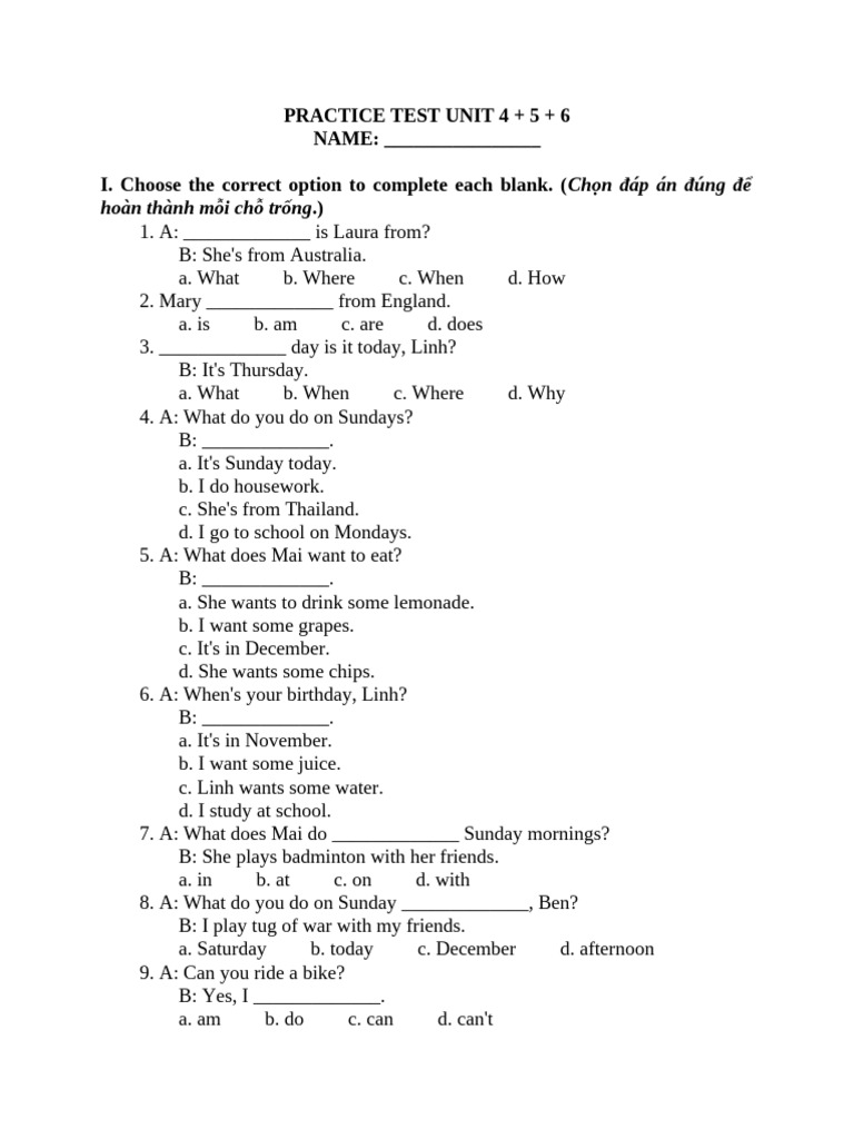 English Practice Test Units 4-6 | PDF