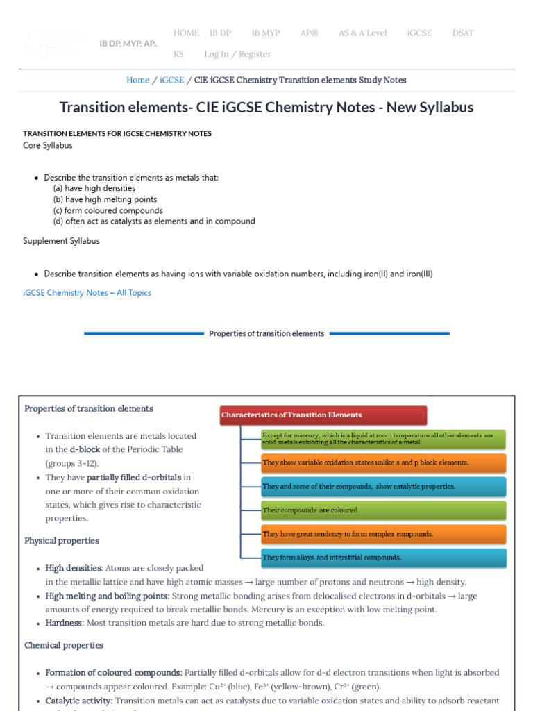 Transition Elements iGCSE Chemistry Guide | PDF | Transition Metals | Redox