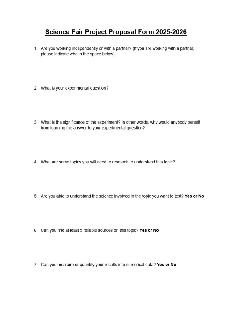 Science Fair Project Proposal Form 2025-2026 | PDF