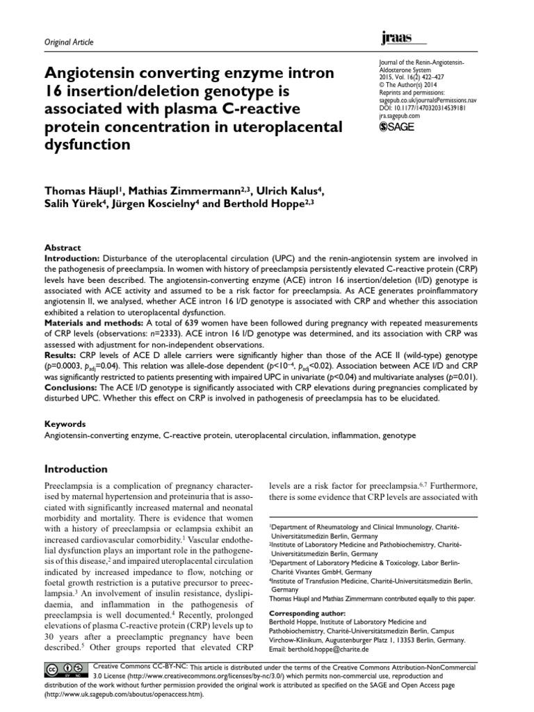 Angiotensin Converting Enzyme Intron ID, 2015 | PDF | C Reactive ...