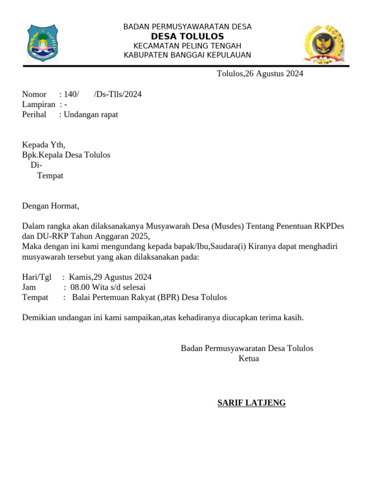 Undangan Musdes RKPDes 2025 Desa Tolulos | PDF