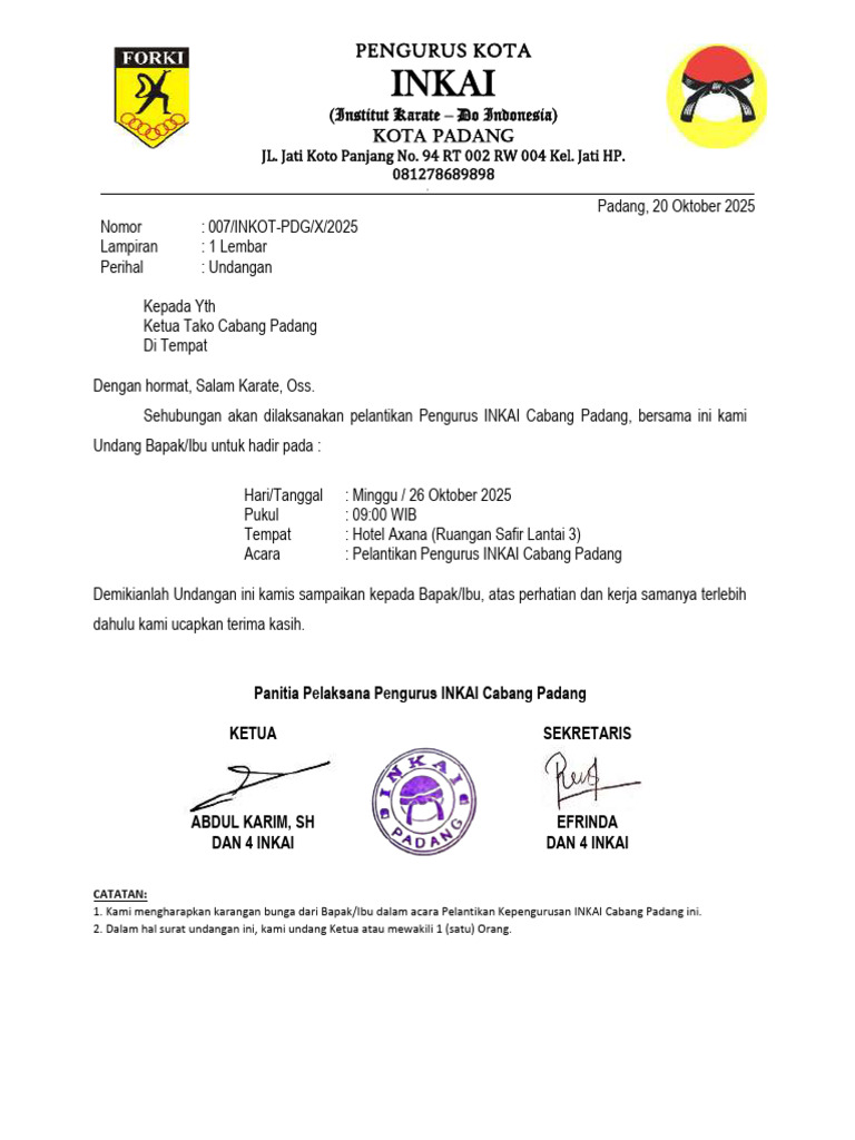Pelantikan Pengurus INKAI Padang 2025 | PDF