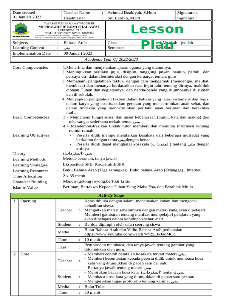 Lesson Plan B Arab 1 | PDF