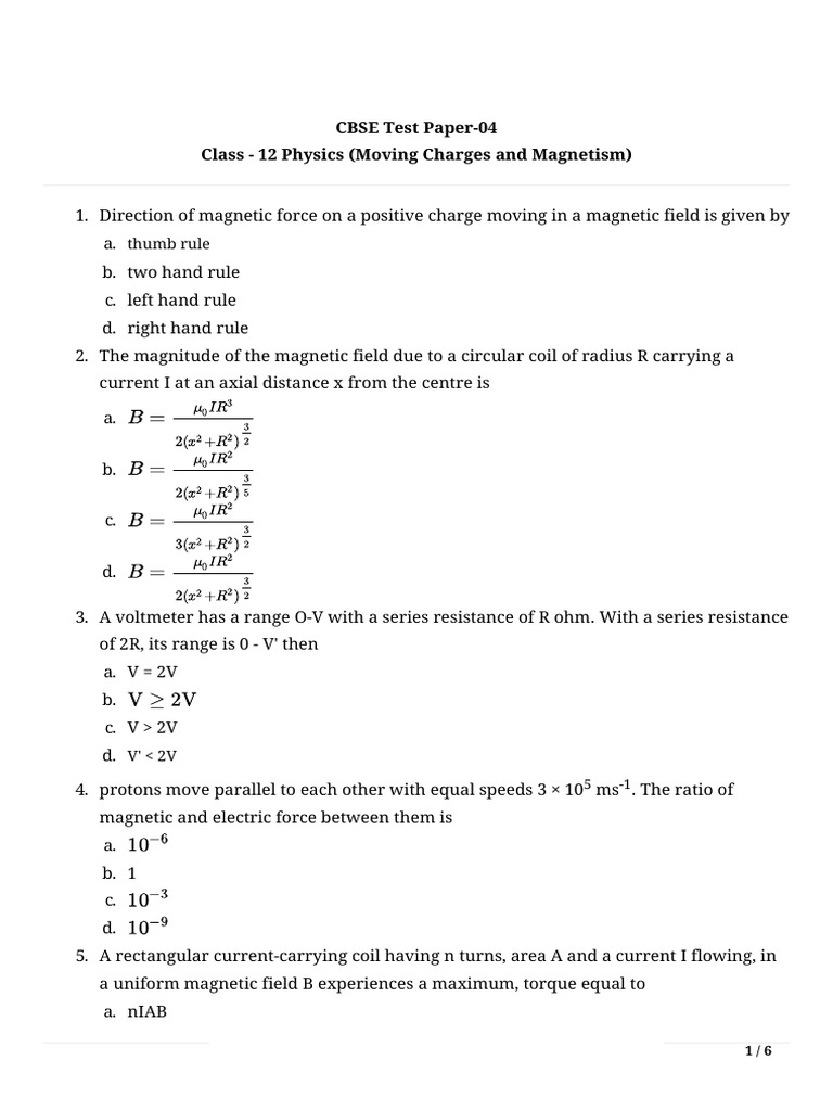 Class 12 Physics: Magnetism Test Paper | PDF | Physical Phenomena ...