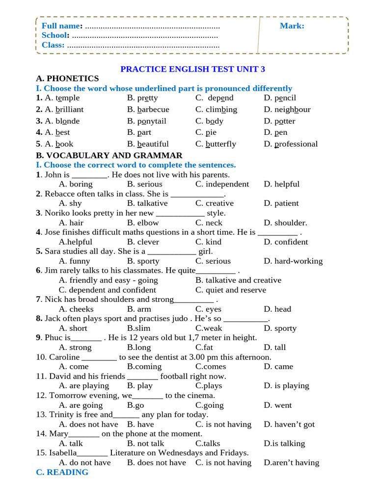 English Practice Test Unit 3 | PDF
