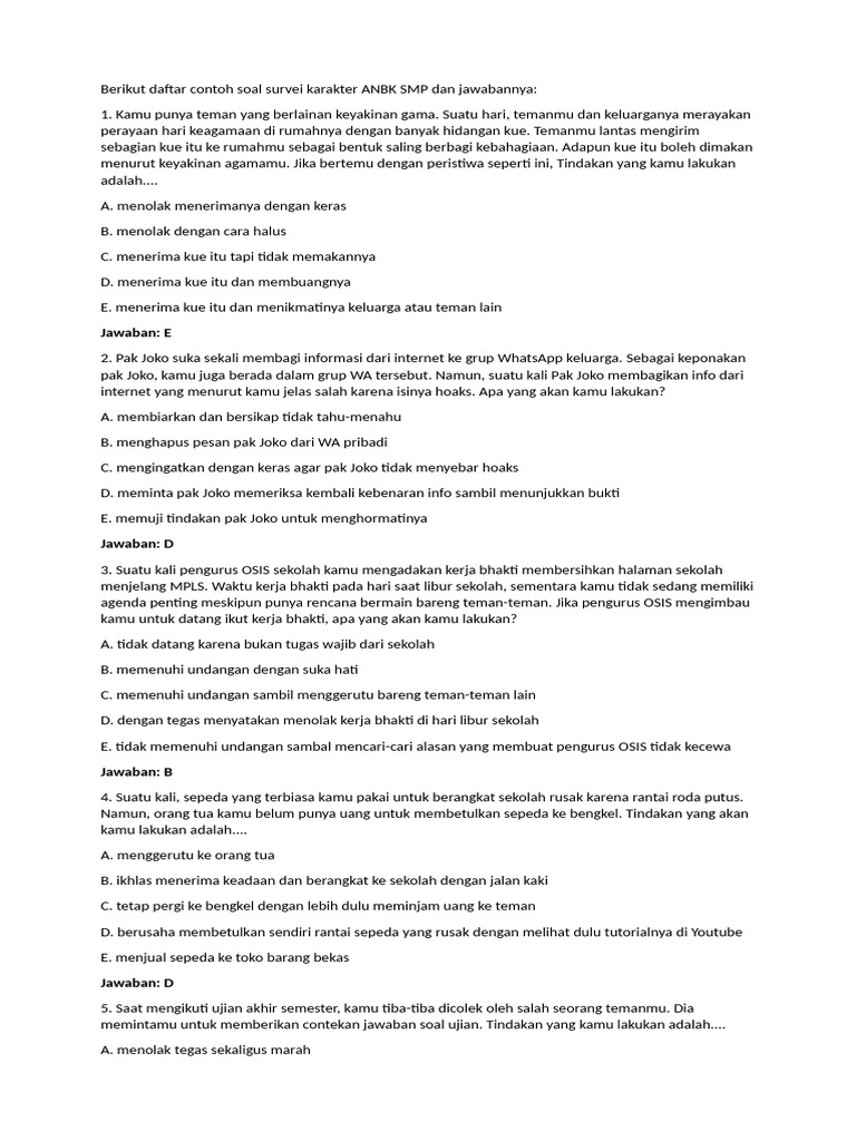 Contoh Soal Survei Karakter ANBK SMP | PDF