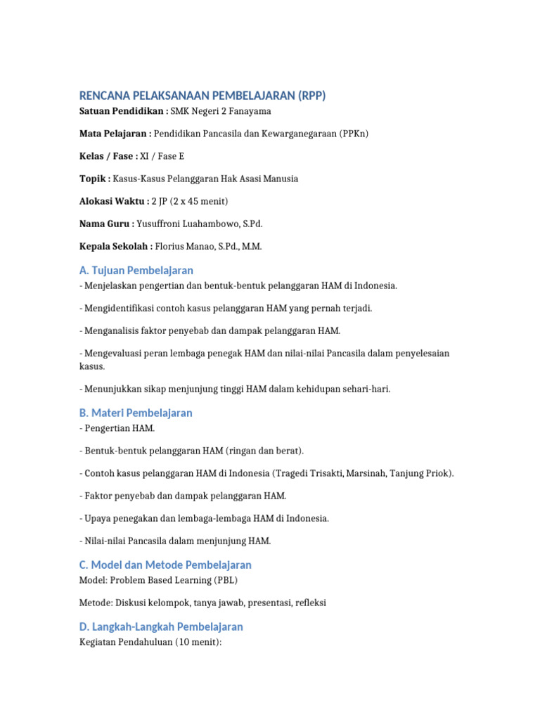 RPP PPKn Kasus Pelanggaran HAM 2JP | PDF