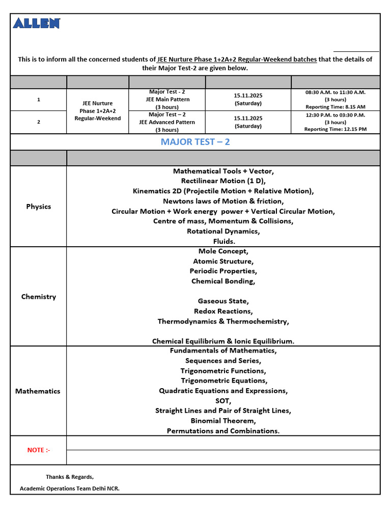 Test Notice of JEE Nurture Regular-Weekend Major Test - 2, 15th Nov 25 ...