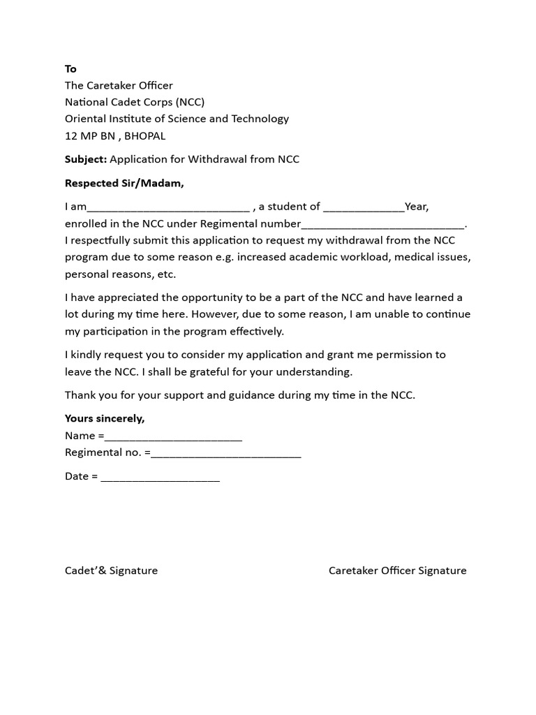 NCC Withdrawal Application Form | PDF