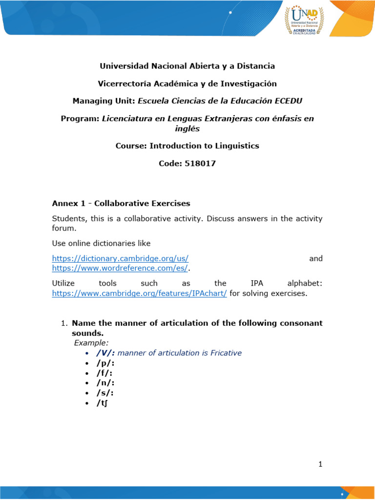 Annex 1 - Collaborative Exercises | PDF | Phonetics | Human Voice