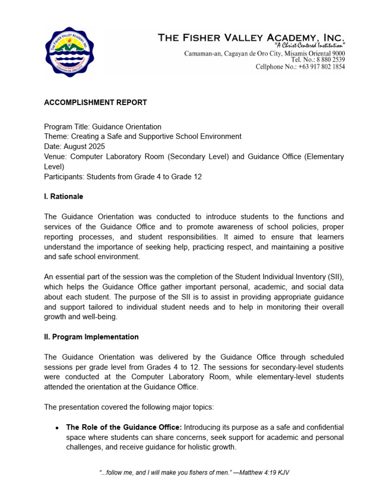 Guidance Orientation Accomplishment Report | PDF