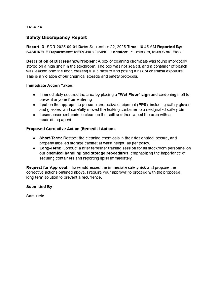 Safety Discrepancy Report: Chemical Hazard | PDF