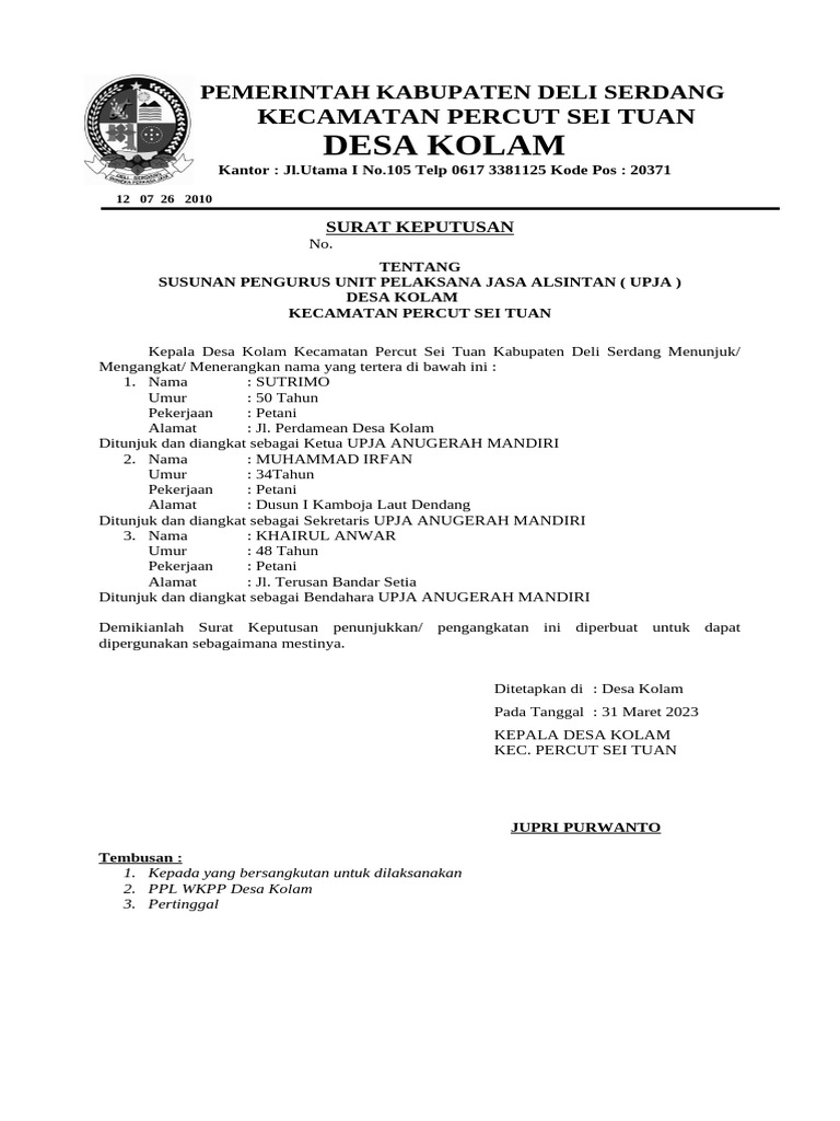 SK Pengurus UPJA Anugerah Mandiri | PDF