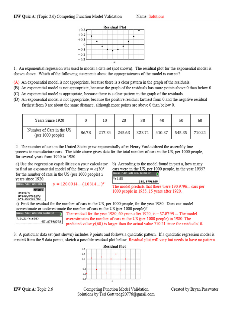 HW Quiz A Key Topic 2.6 Competing Function Model Validation | PDF ...